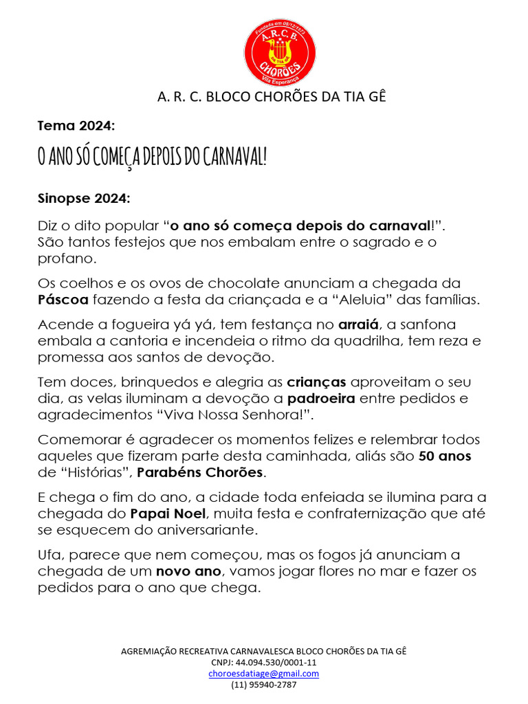 Sinopse do Bloco Chorões 2024 | PDF | Carnaval | Comemorações