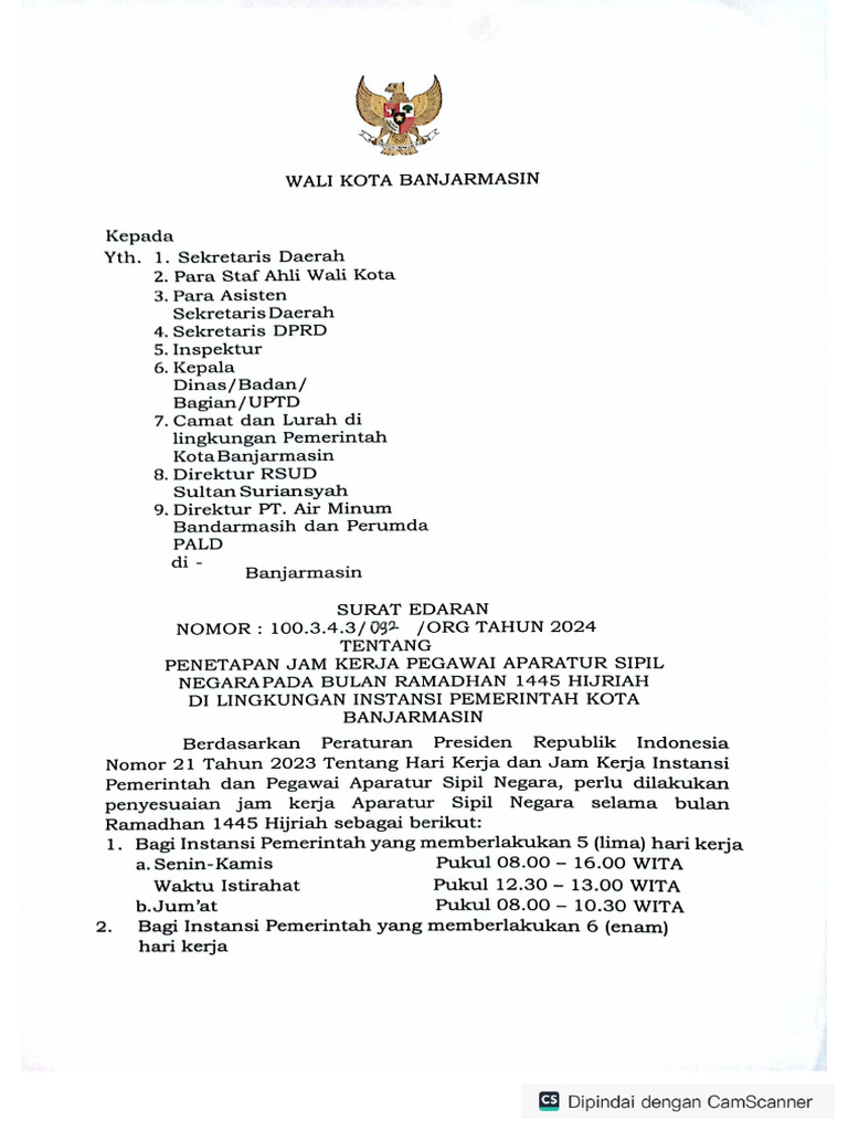 Surat Edaran Jam Kerja | PDF