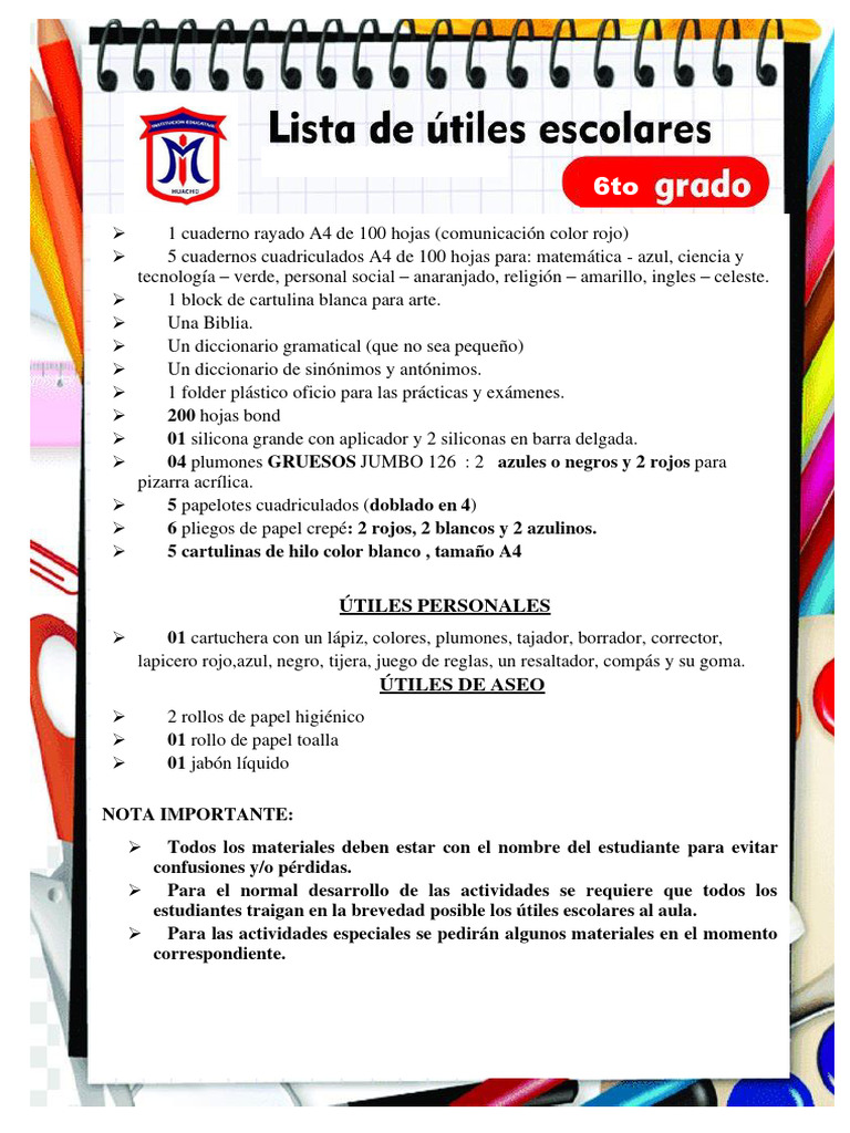 Lista De útiles Escolares 6to Grado Lista De útiles Escolares 5to Y