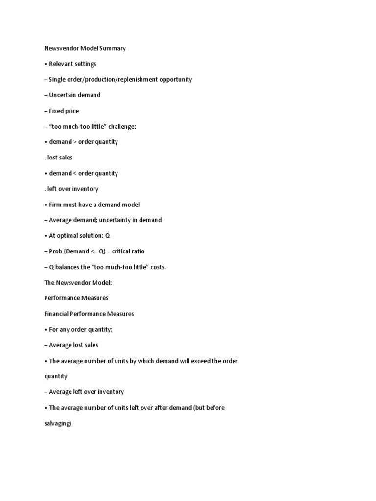News Vendor Model Summary | PDF | Inventory | Demand