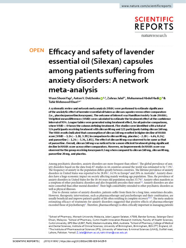 Efficacy and Safety of Lavender Essential Oil (Silexan) Capsules Among ...