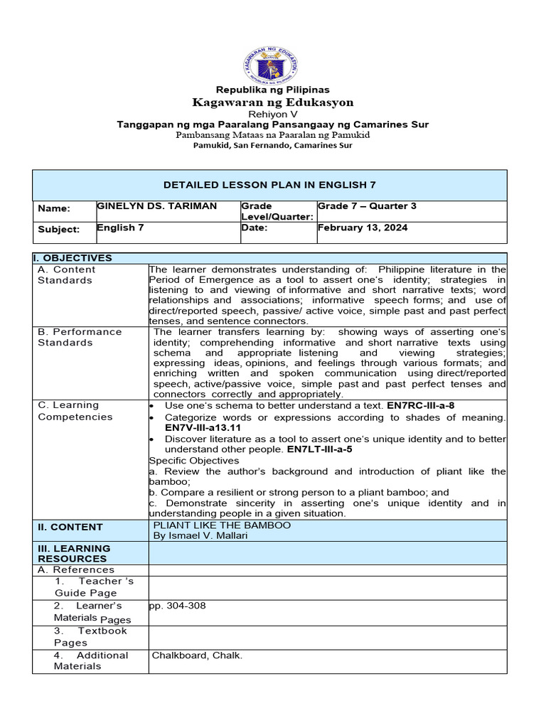 Dlp-G7-English-Feb 13 | PDF | Teachers | English Language