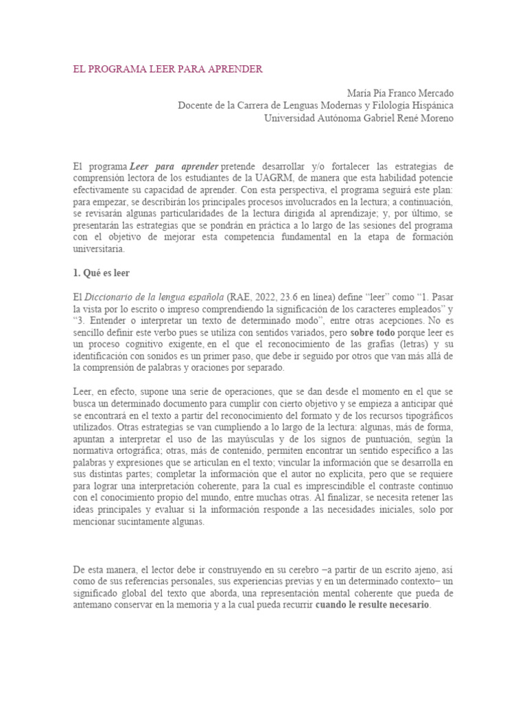El Programa Leer para Aprender | PDF | Comprensión lectora | Aprendizaje