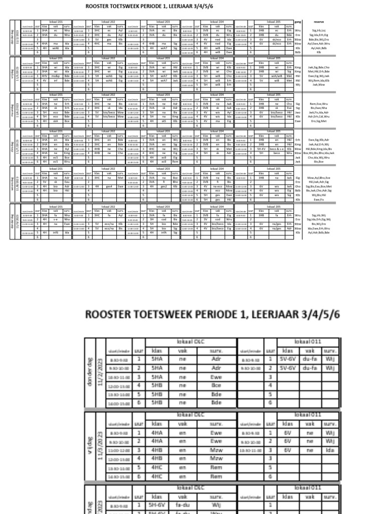 Rooster Toetsweek 2023-2024 Periode 1, Leerjaar 3-4-5-6 | PDF
