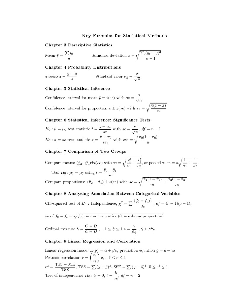 Key Statistical Formulas Guide | PDF | Regression Analysis | Errors And Residuals