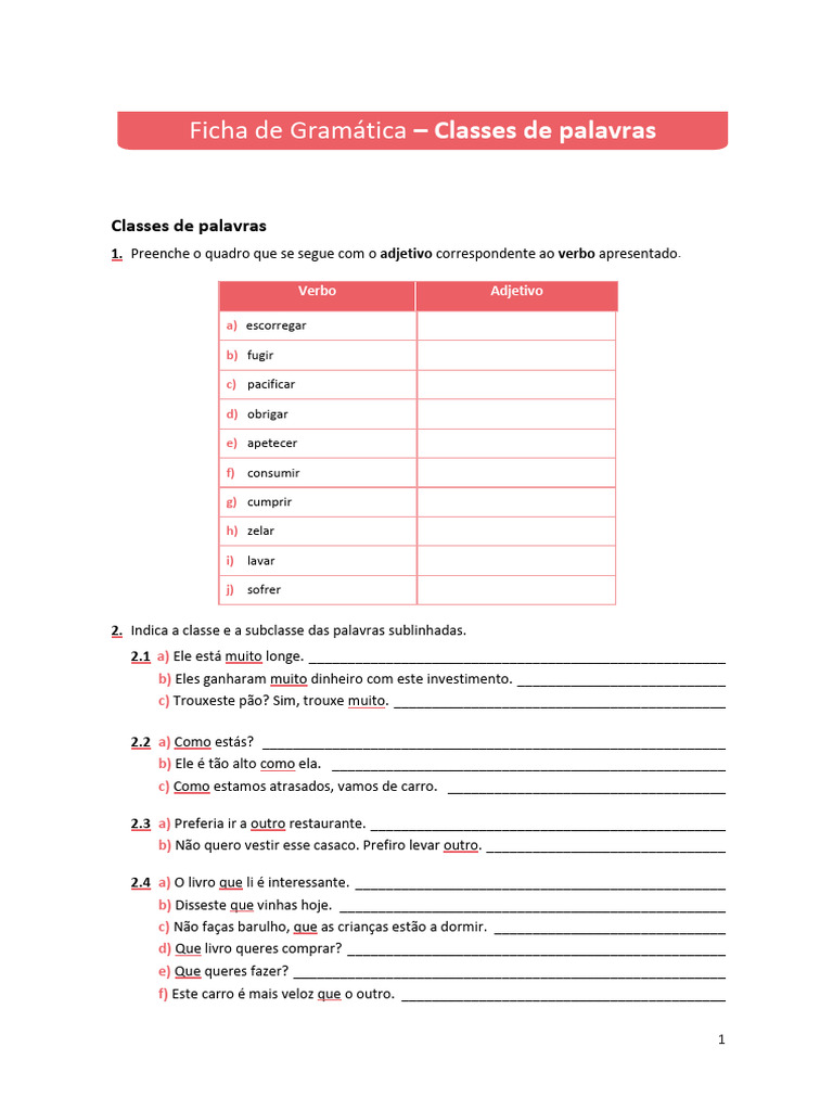 Classes de Palavras - Ficha Gramática | PDF | Famílias linguísticas | Linguística