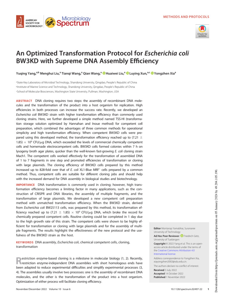 Yang Et Al 2022 An Optimized Transformation Protocol For Escherichia ...