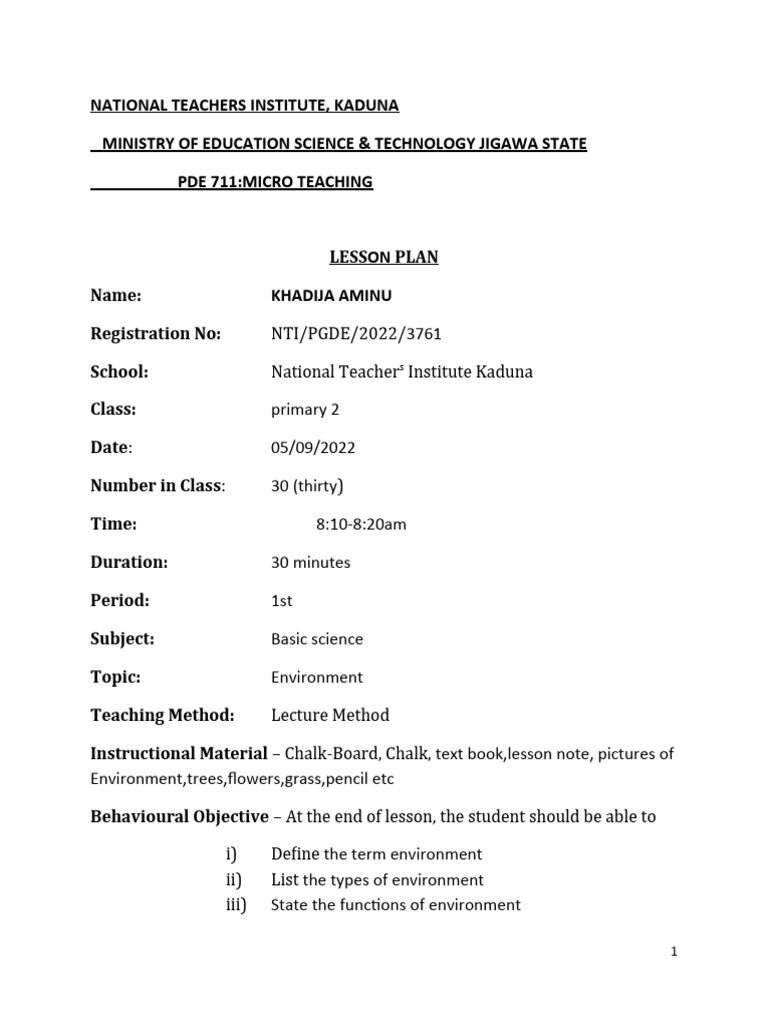Khadija Aminu Lesson Plan | PDF | Teachers | Lesson Plan