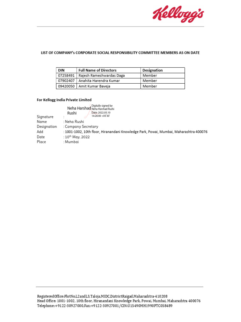 CSR Committee Members at Kellogg India | PDF