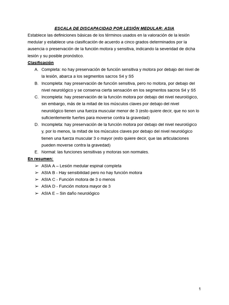 ESCALA DE DISCAPACIDAD POR LESIÓN MEDULAR_ ASIA | PDF