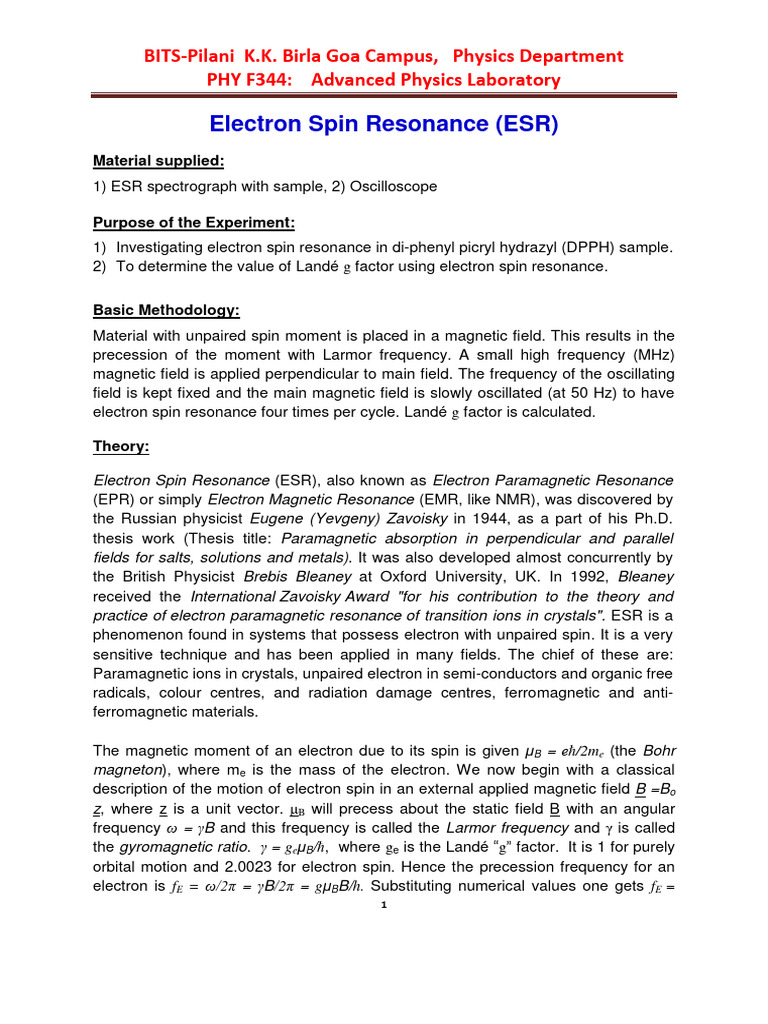 Handout-Electron Spin Resonance-Modified | PDF | Electron Paramagnetic Resonance | Nuclear ...