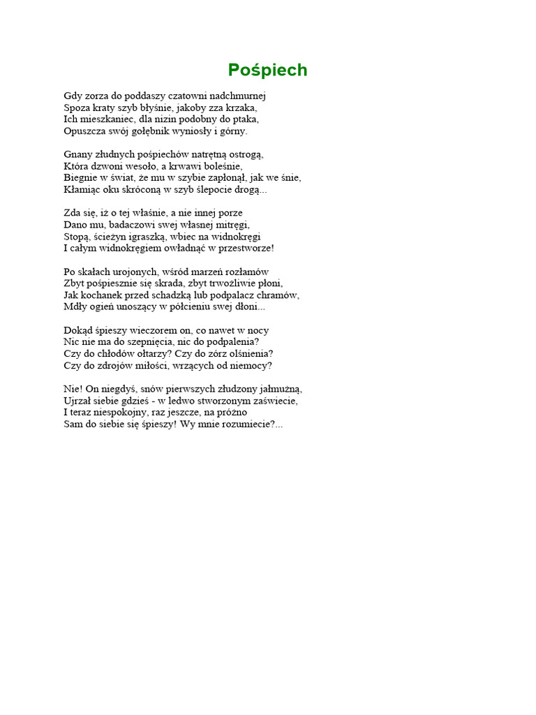 Leśmian Pośpiech, Dziewczyna, Topielec, Zielona godzina, Szewczyk | PDF