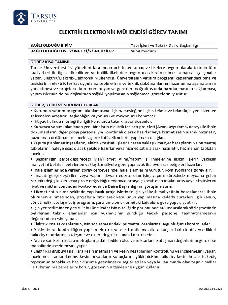 Elektrik Elektronik Mühendisi Görev Tanımı | PDF Elektrik Elektronik Mühendisi Görev Tanımı | PDF