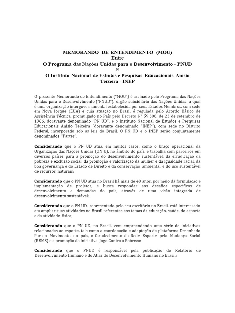 Modelo MOU - PNUD e INEP | PDF