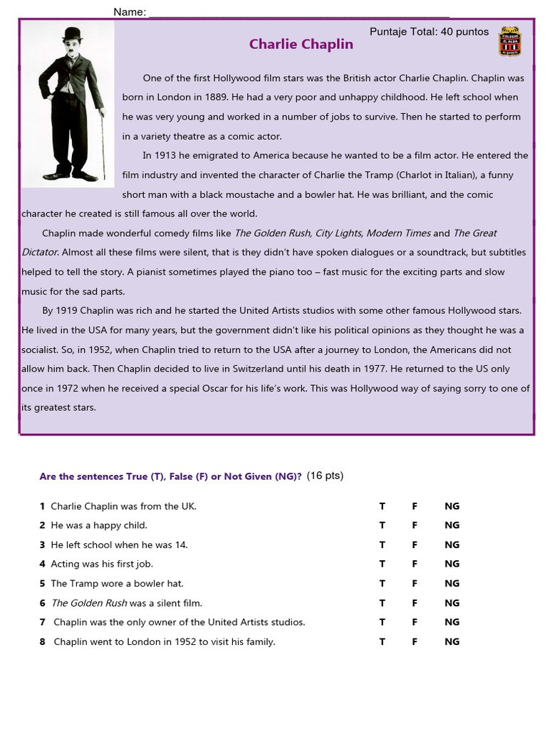 Prueba Chaplin Biography 8° Basico | PDF | Charlie Chaplin