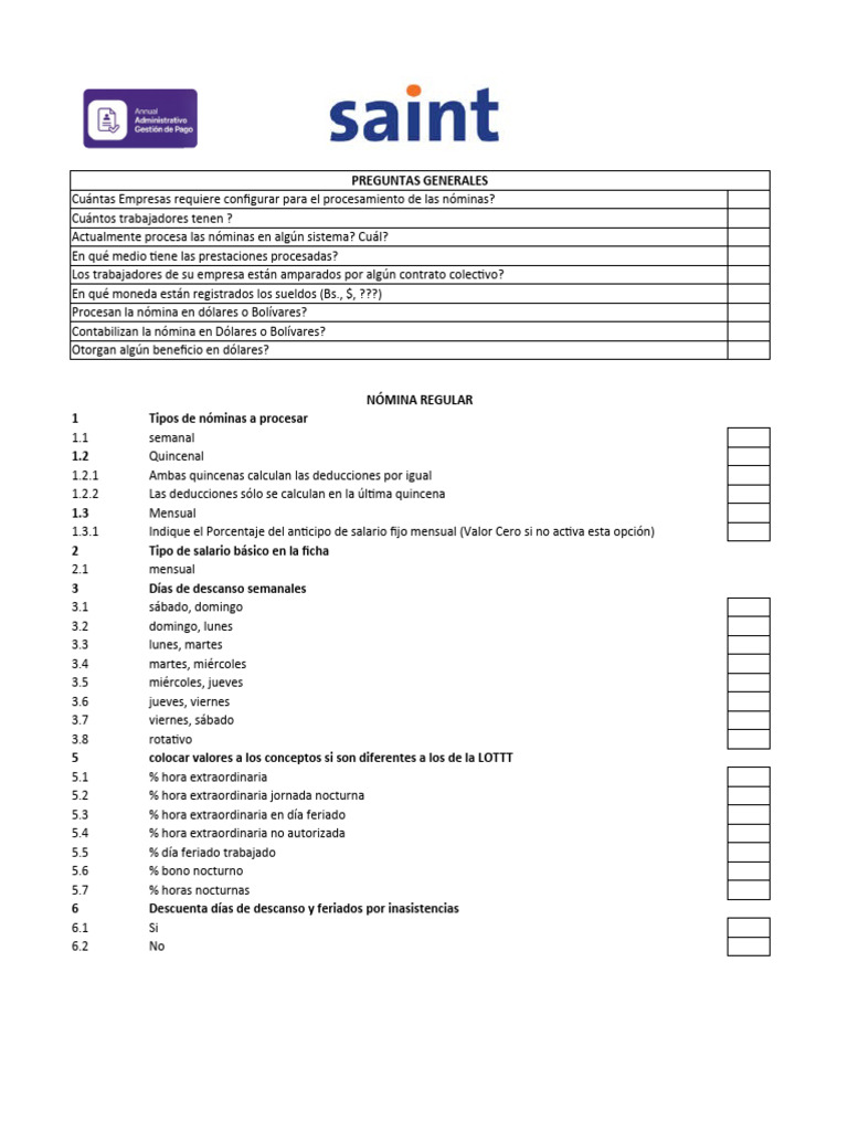Cuestionario Levantamiento de Informacion Nomina Saint | PDF | Salario | Empleo