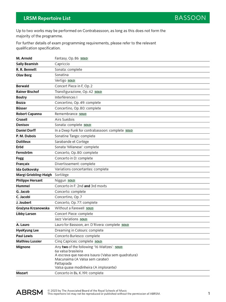 Bassoon LRSM Repertoire (7 Nov 2023) FINAL | PDF | Concerto | Elements Of Music