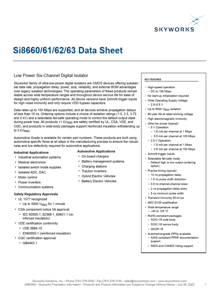 Si8660/61/62/63 Data Sheet: Low Power Six-Channel Digital Isolator ...