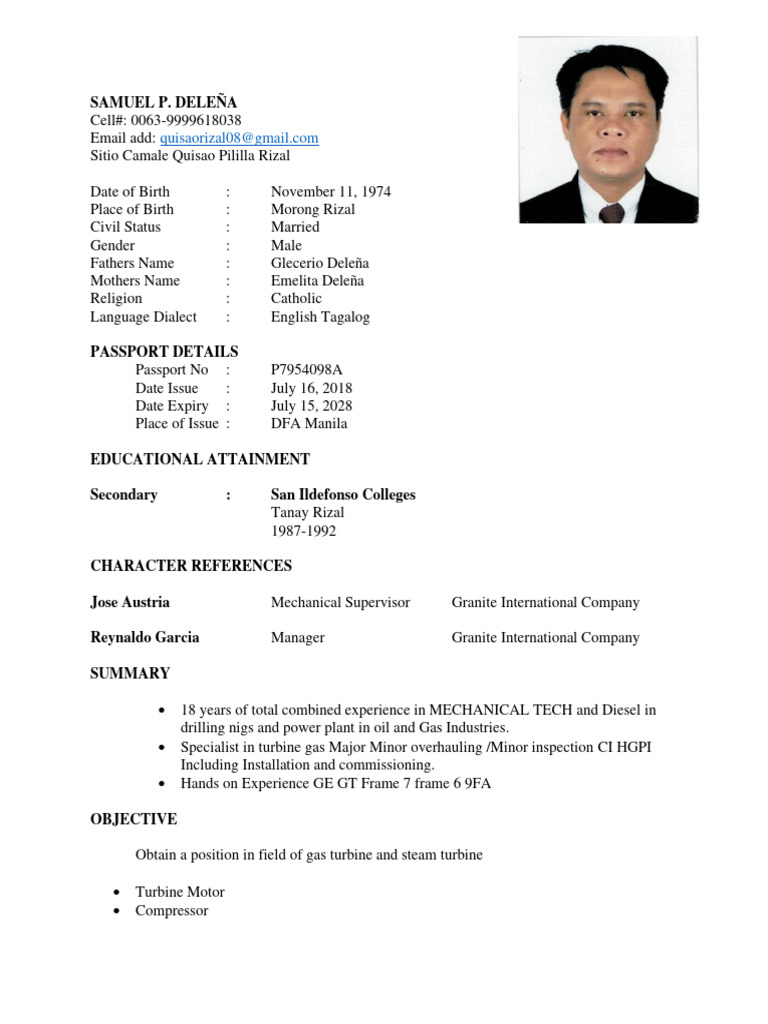 Samuel p. Delena Resume - 01-06-2024 | PDF | Turbine | Gas Turbine