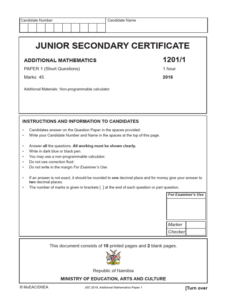 Junior Secondary Certificate: Additional Mathematics | PDF | Elementary ...