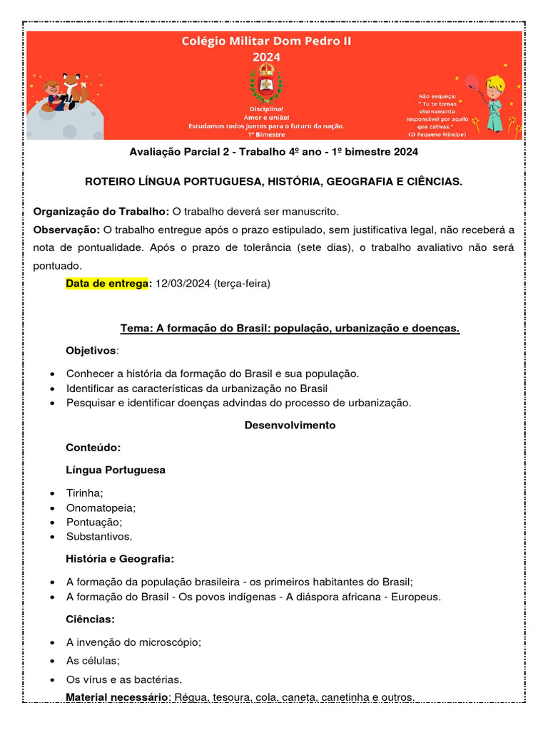 Trab Port Hist Geo Cie 1 Bim | PDF | Brasil | Febre amarela