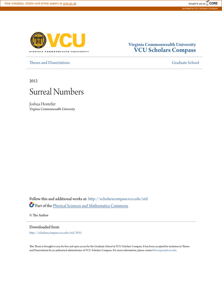Surreal Numbers: VCU Scholars Compass | PDF | Mathematics | Logic