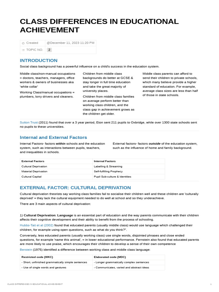 Class Differences in Educational Achievement | PDF | Poverty | Poverty ...