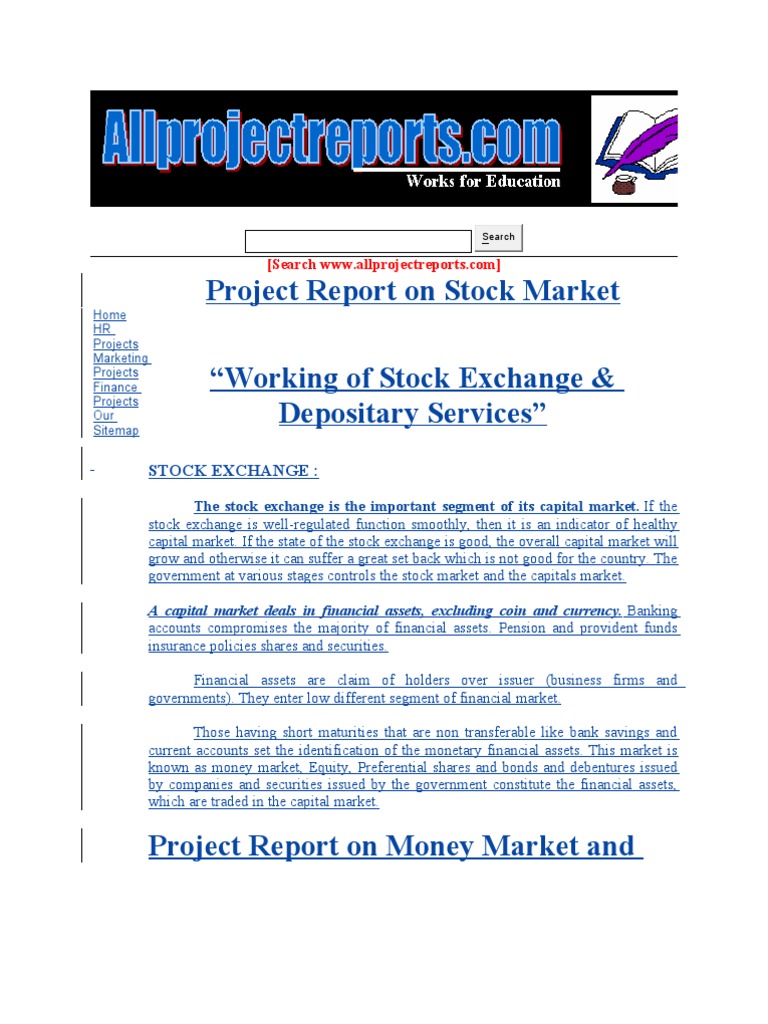 Project Report On Stock Market "Working of Stock Exchange & Depositary ...