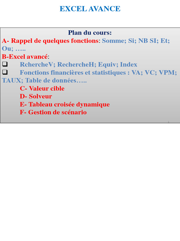 Cours Excel Avancé : Fonctions et Outils | PDF | Microsoft Excel