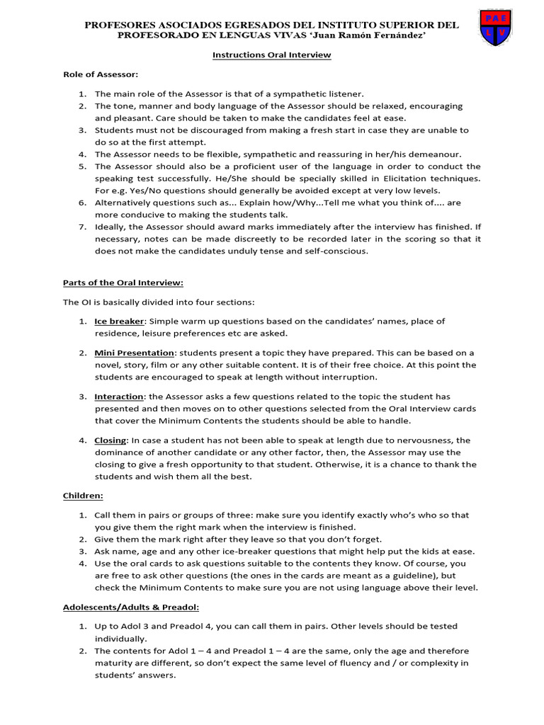 Instructions Oral Interview | PDF | Cognitive Science | Communication
