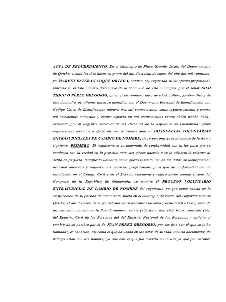Acta De Requerimiento De Cambio De Nombre Pdf Justicia Crimen Y