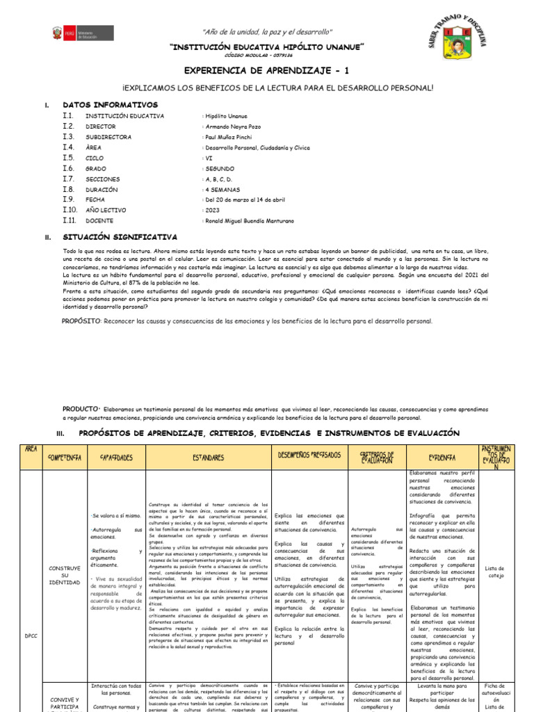 Experiencia de Aprendizaje - 1 - 2º | PDF | Aprendizaje | Las emociones