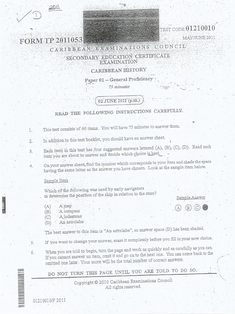 CSEC History Paper 1 2011 | PDF