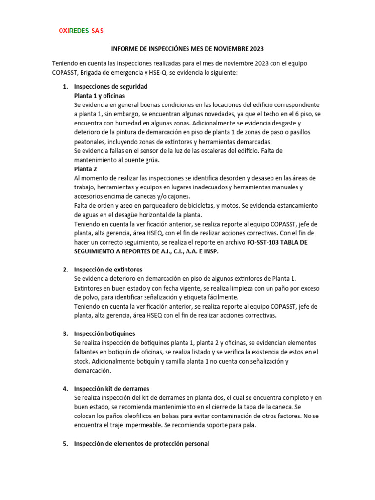 Informe de Inspecciónes Mes de Junio 2023 | PDF