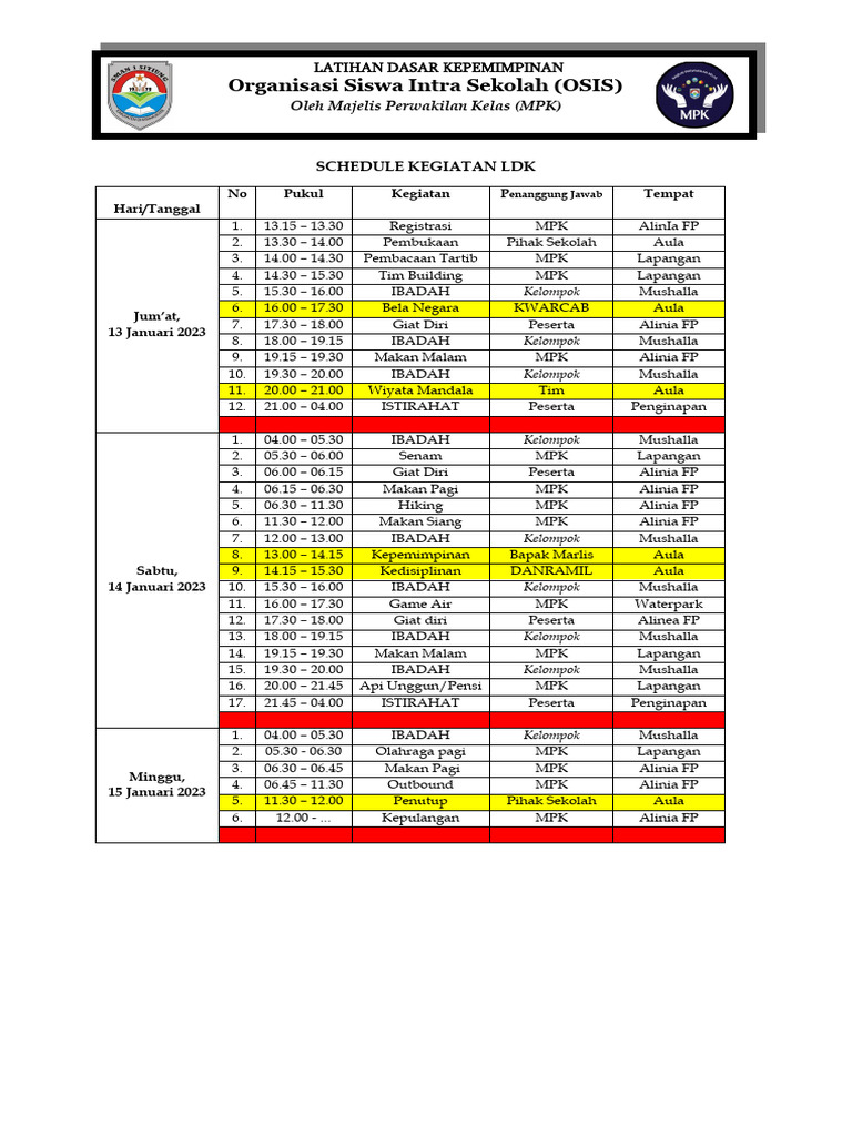 Jadwal LDK OSIS 2023: Kegiatan & Penanggung Jawab | PDF
