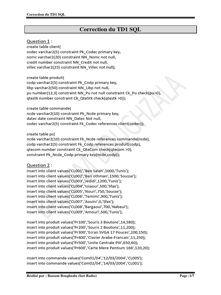Correction Du TD1 SQL | PDF | Teaching Methods & Materials | Technology ...