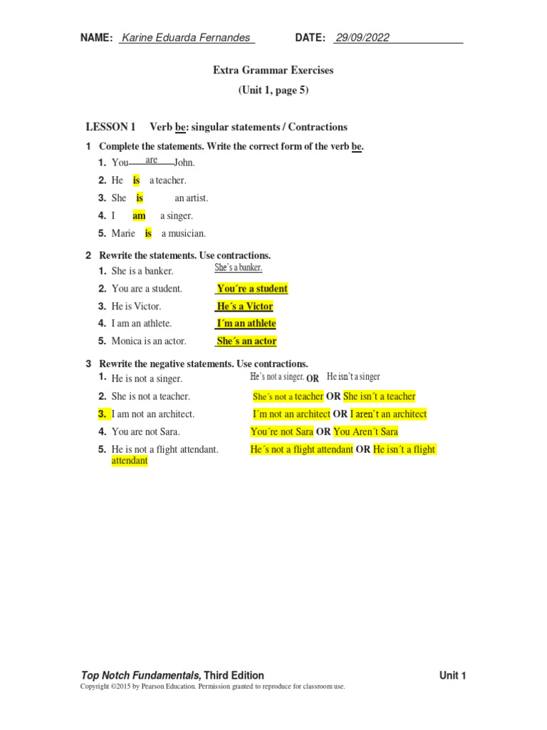 UNIT_01_Extra_Grammar_Exercises ( KARINE EDUARDA) | PDF | Plural | Linguistics