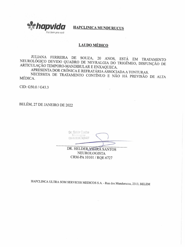 Laudo Médico Aluna Juliana Ferreira | PDF