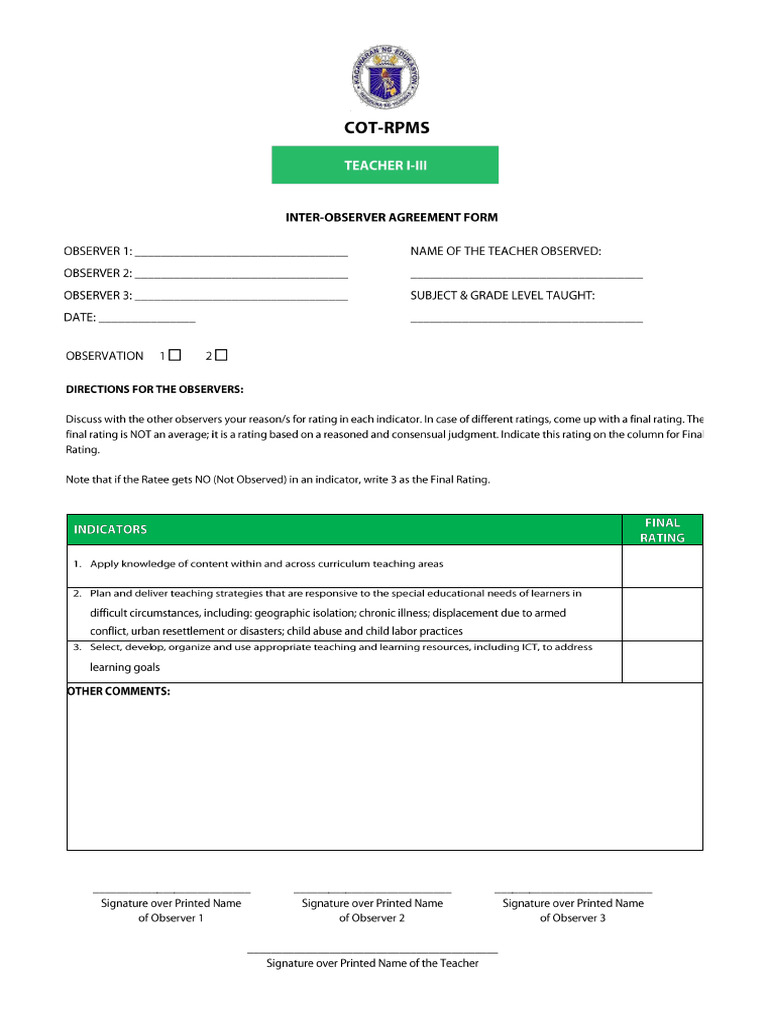 COT-RPMS Inter-observer Agreement Form for T I-III for SY 2020-2021 in ...