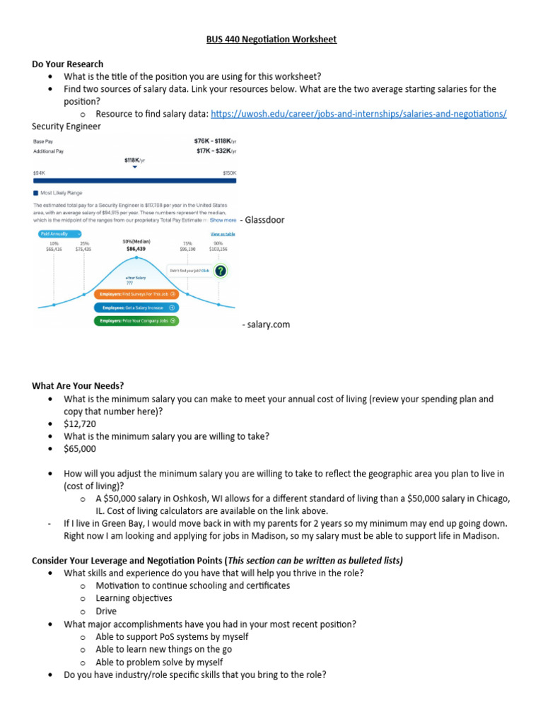 Negotiation Worksheet BUS 440 | PDF | Cost Of Living | Salary