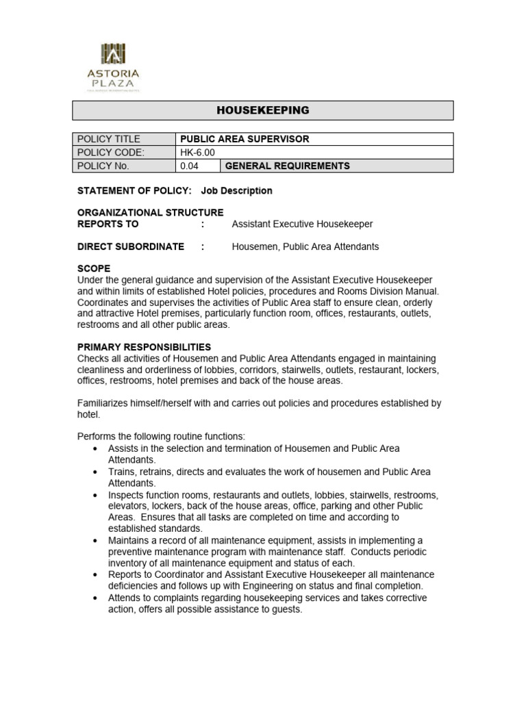 Public Area Supervisor Job Description | PDF | Public Toilet | Business