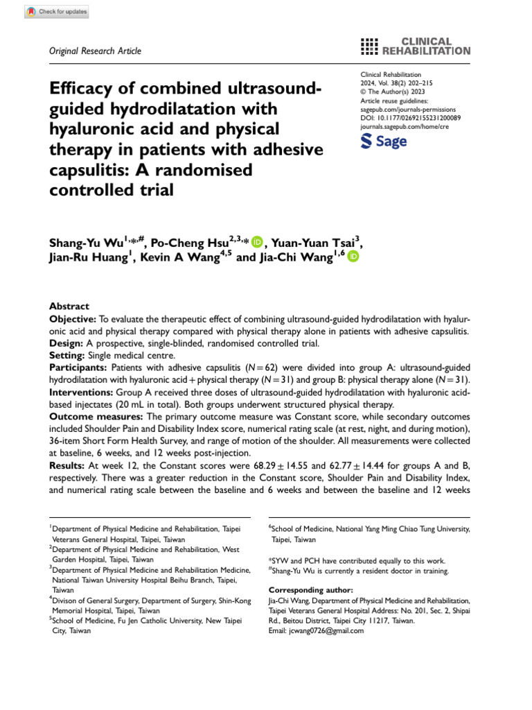Wu Et Al 2023 Efficacy of Combined Ultrasound Guided Hydrodilatation With Hyaluronic Acid and ...