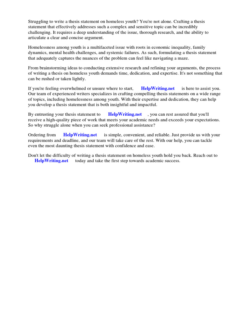Thesis Statement On Homeless Youth | PDF | Homelessness | Welfare