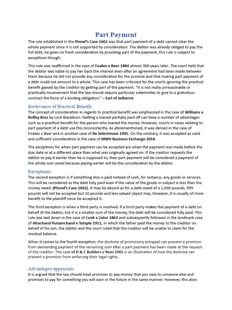 Part Payment | PDF | Consideration | Debt