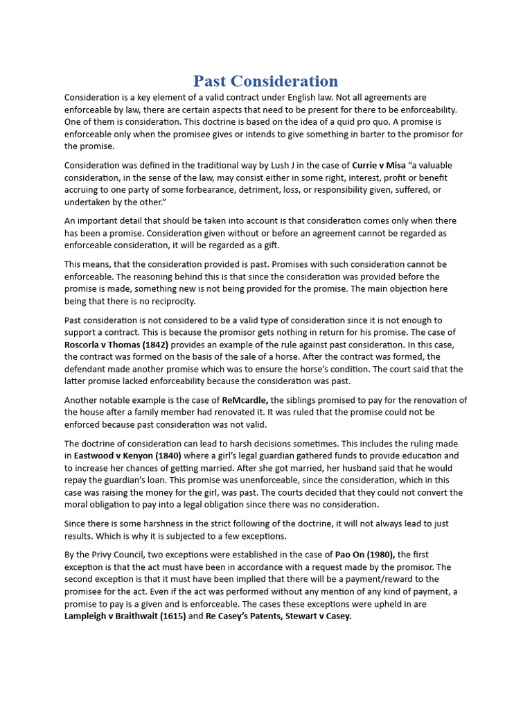 Past Consideration | PDF | Consideration | Civil Law (Legal System)