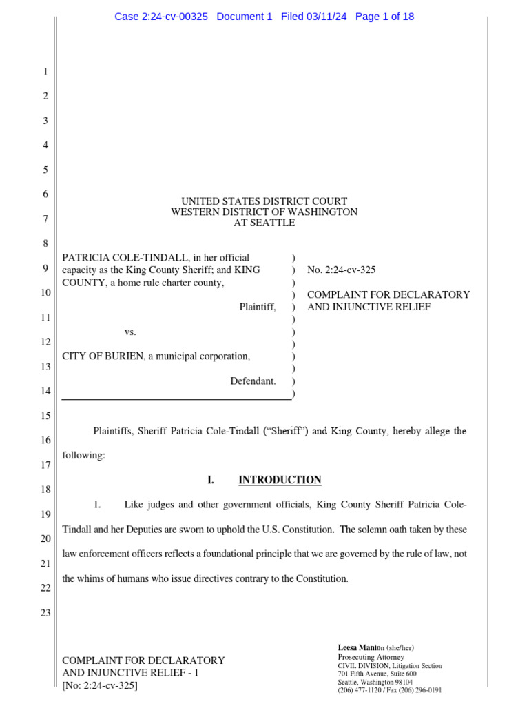 Federal Complaint Filed by King County Sheriff | PDF | Complaint | Lawsuit