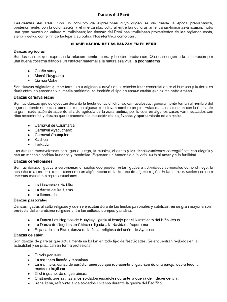 Danzas Del Perú Pdf Las Artes Escénicas Bailes