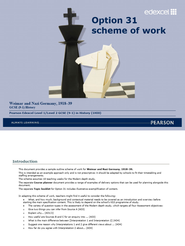 GCSE History Scheme of Work Paper 3 Option 31 Weimar and Nazi Germany ...