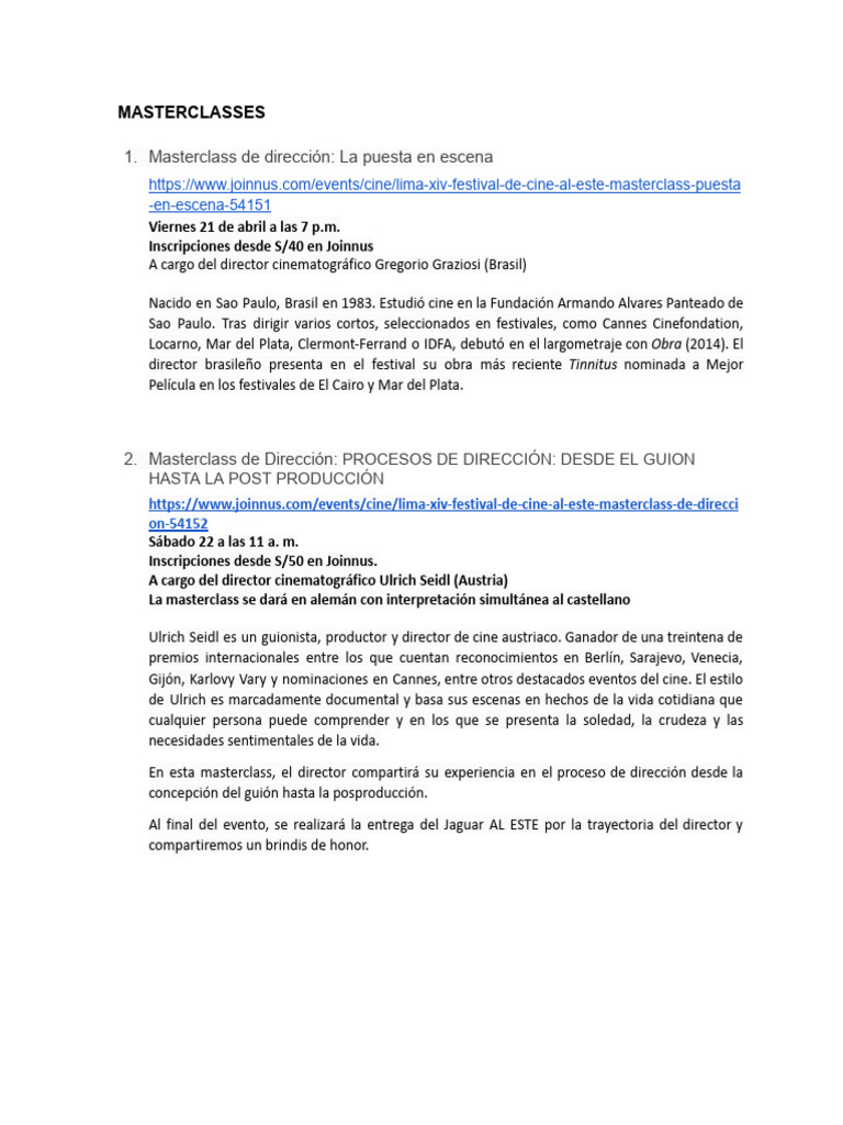 Masterclasses y Actividades Formativas Al Este | PDF | Género y desarrollo | Perú