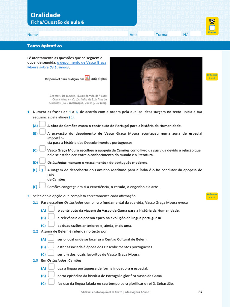 Mensagens 9 DP (F-QA6 Oralidade Texto Epico) | PDF | Portugal